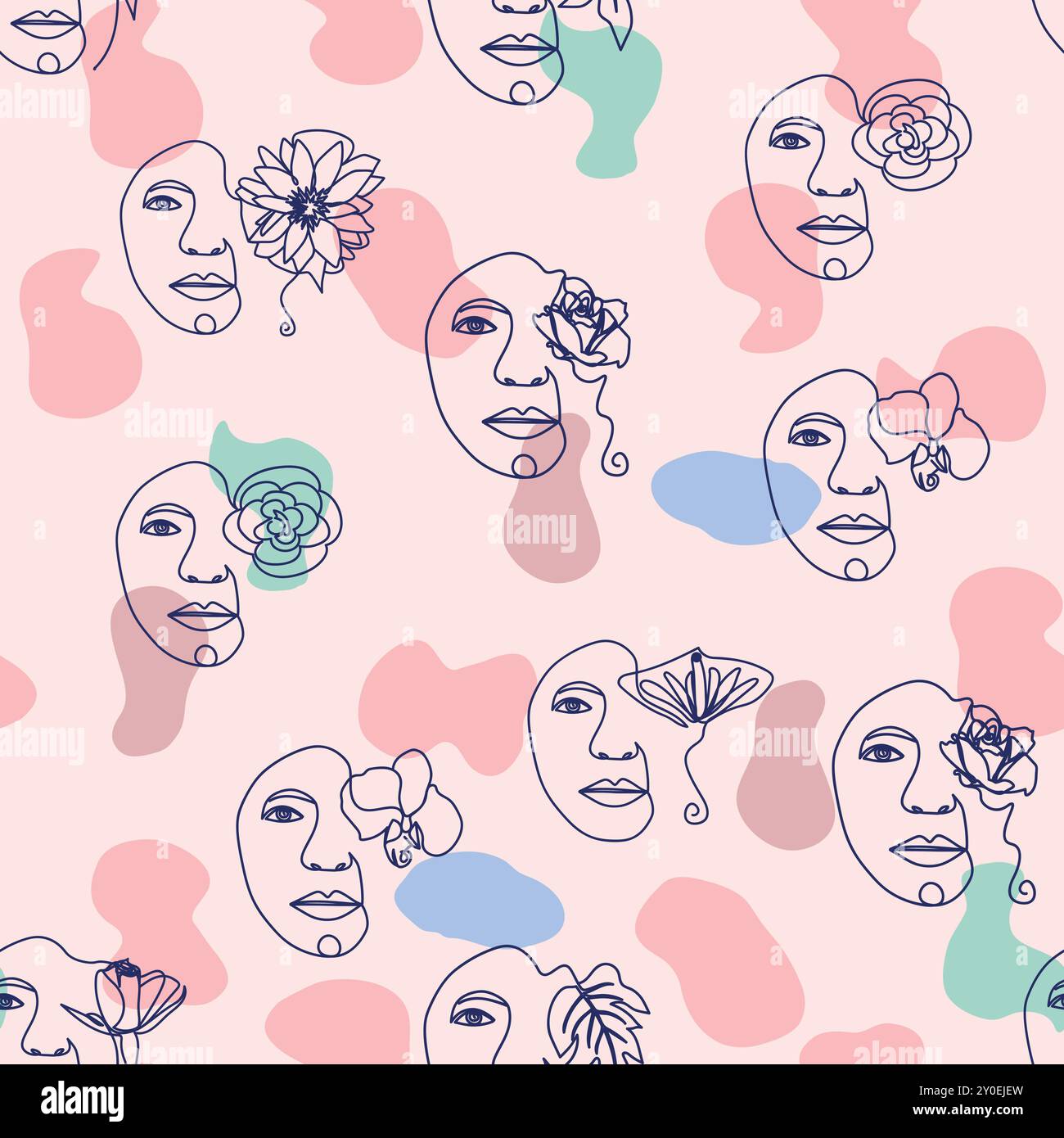 Female portrait Outline woman face, abstract flowers leaves, line ...