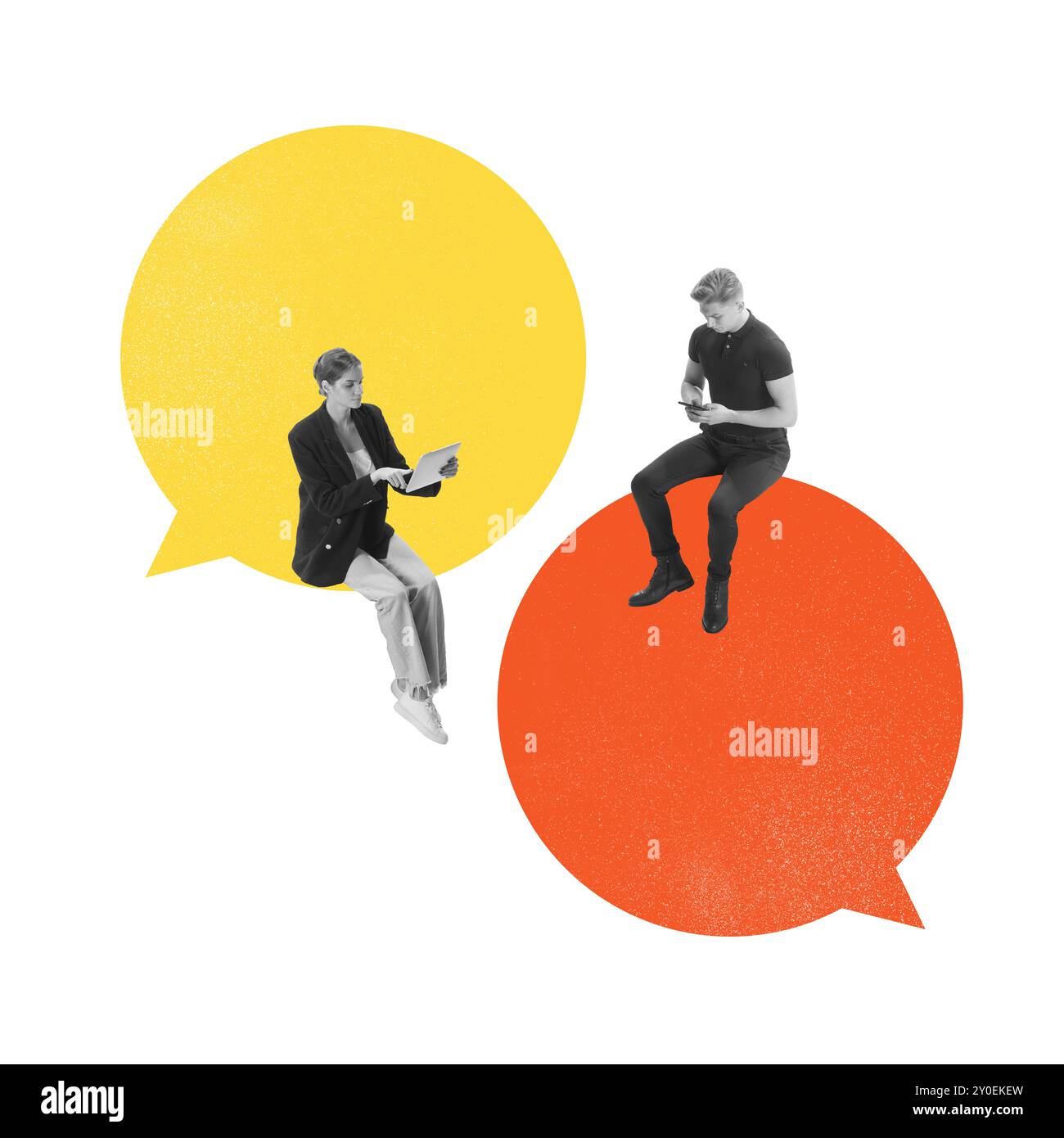 Poster. Contemporary art collage. Two people sit on large speech ...