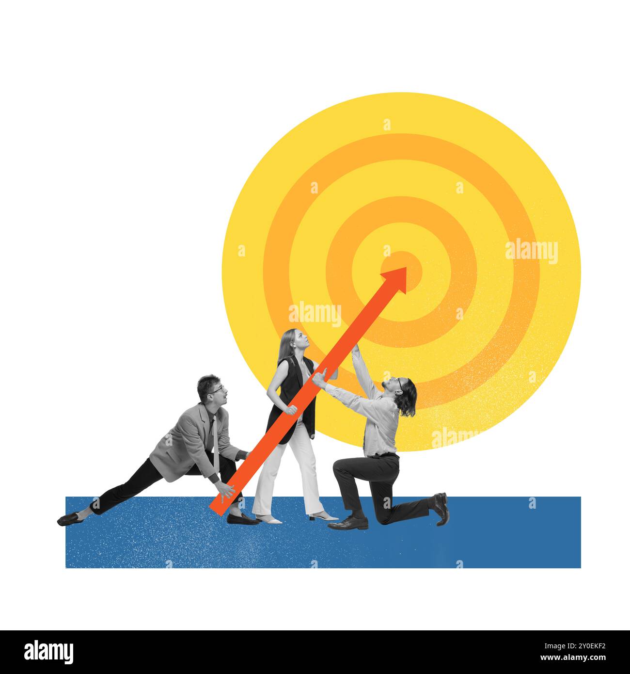 Poster. Contemporary art collage. Group elevates arrow toward bullseye ...
