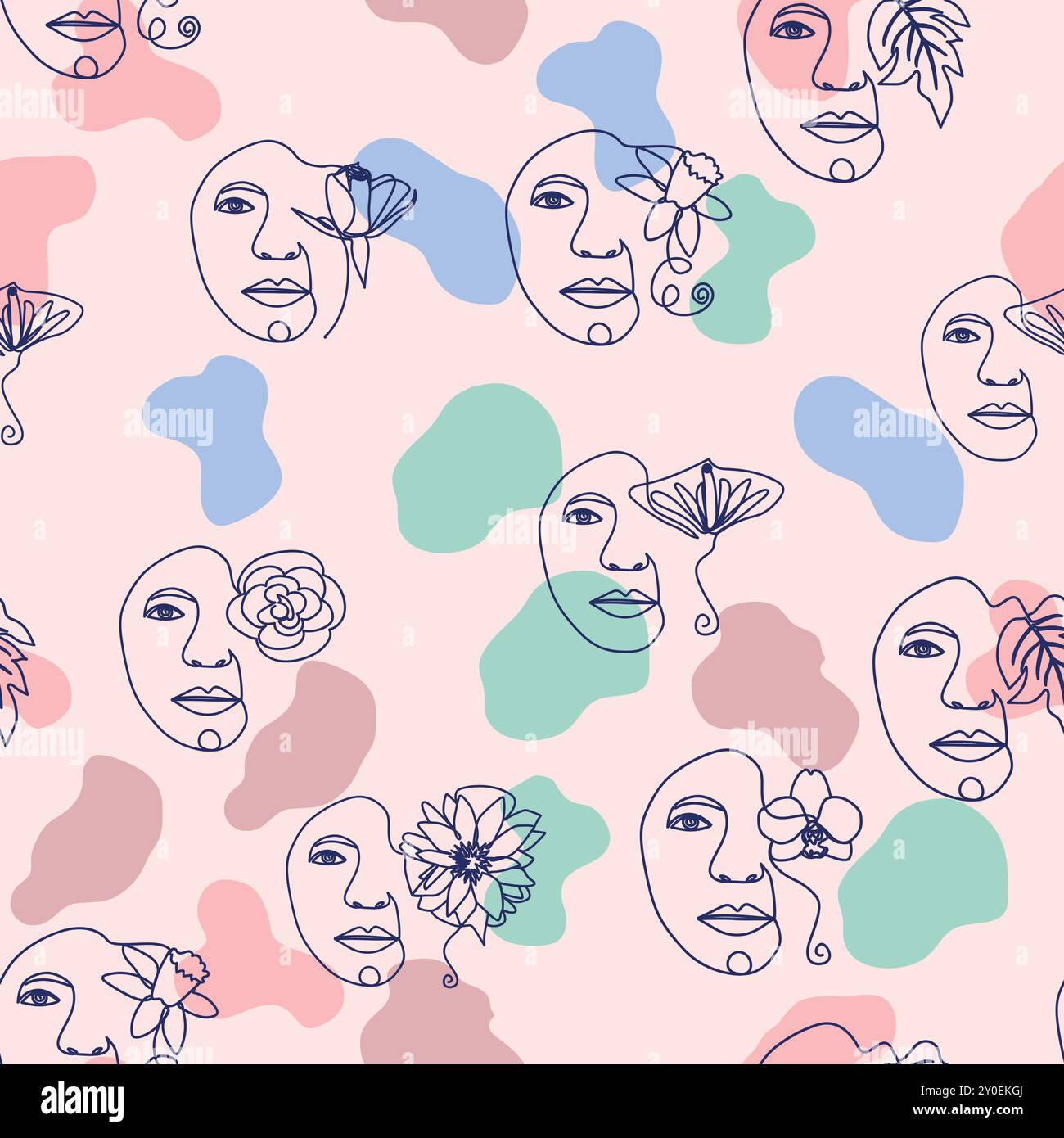 Female portrait Outline woman face, abstract flowers leaves, line ...