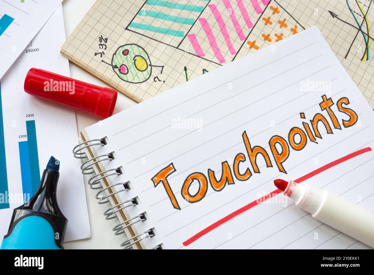 Notebook with marketing charts and notes on touchpoints. customer ...
