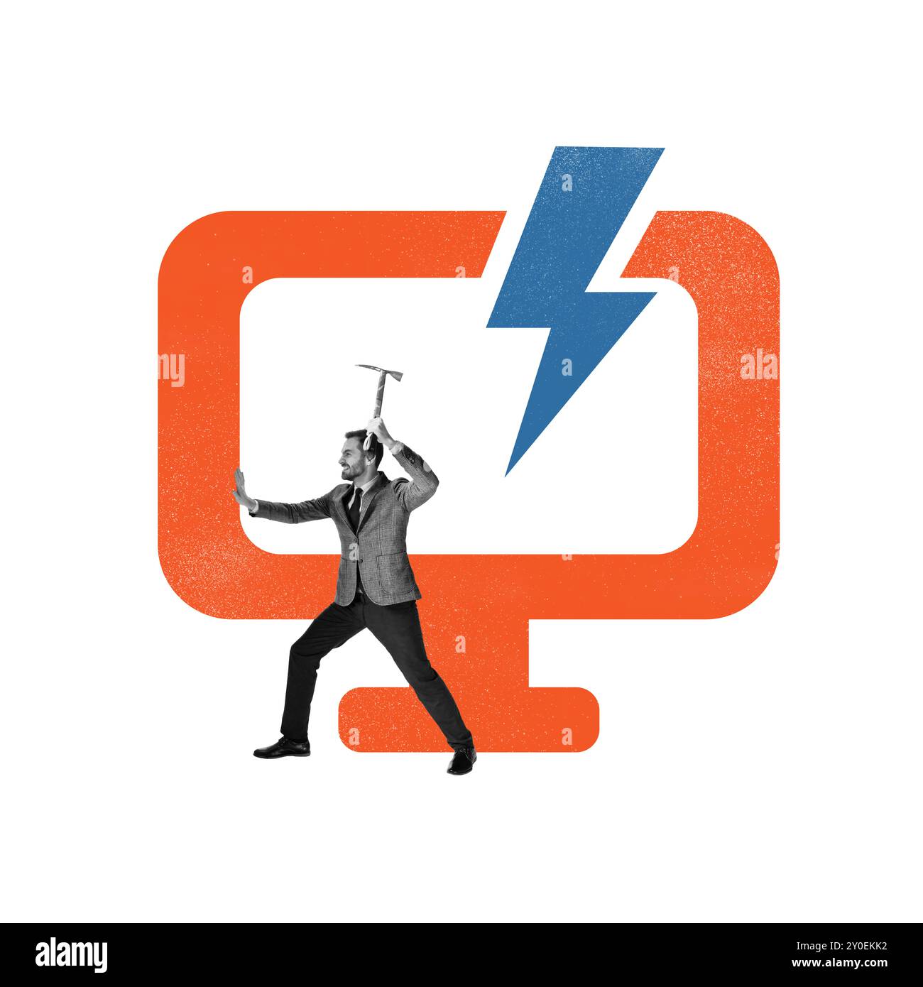 Poster. Contemporary art collage. Man with pickaxe under lightning on ...