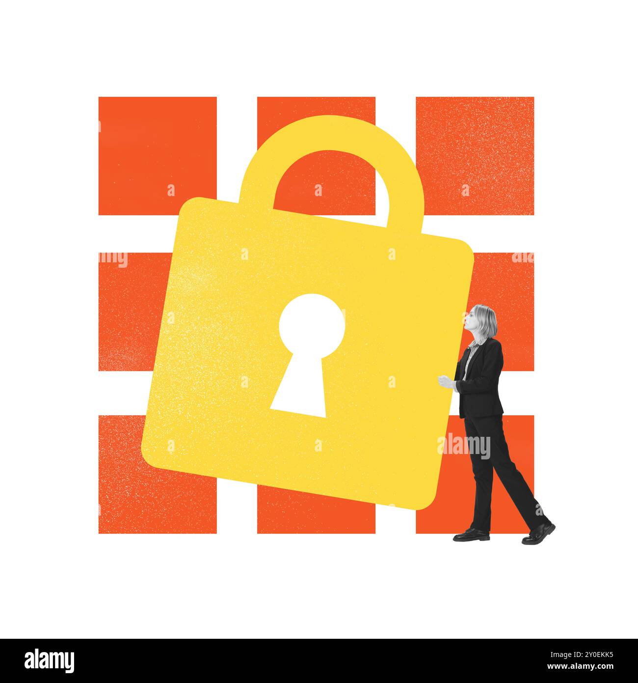 Poster. Contemporary art collage. Woman stands near large padlock ...