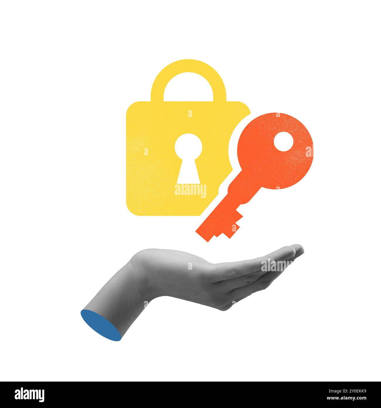 Poster. Contemporary art collage. Hand with key next to padlock ...