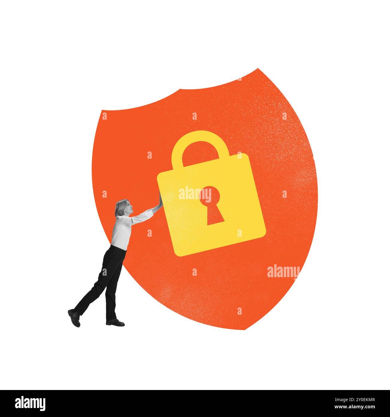 Poster. Contemporary art collage. Woman in official attire pushing ...