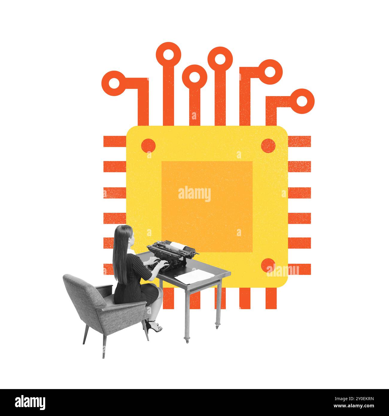 Poster. Contemporary art collage. Woman typing with microchip ...