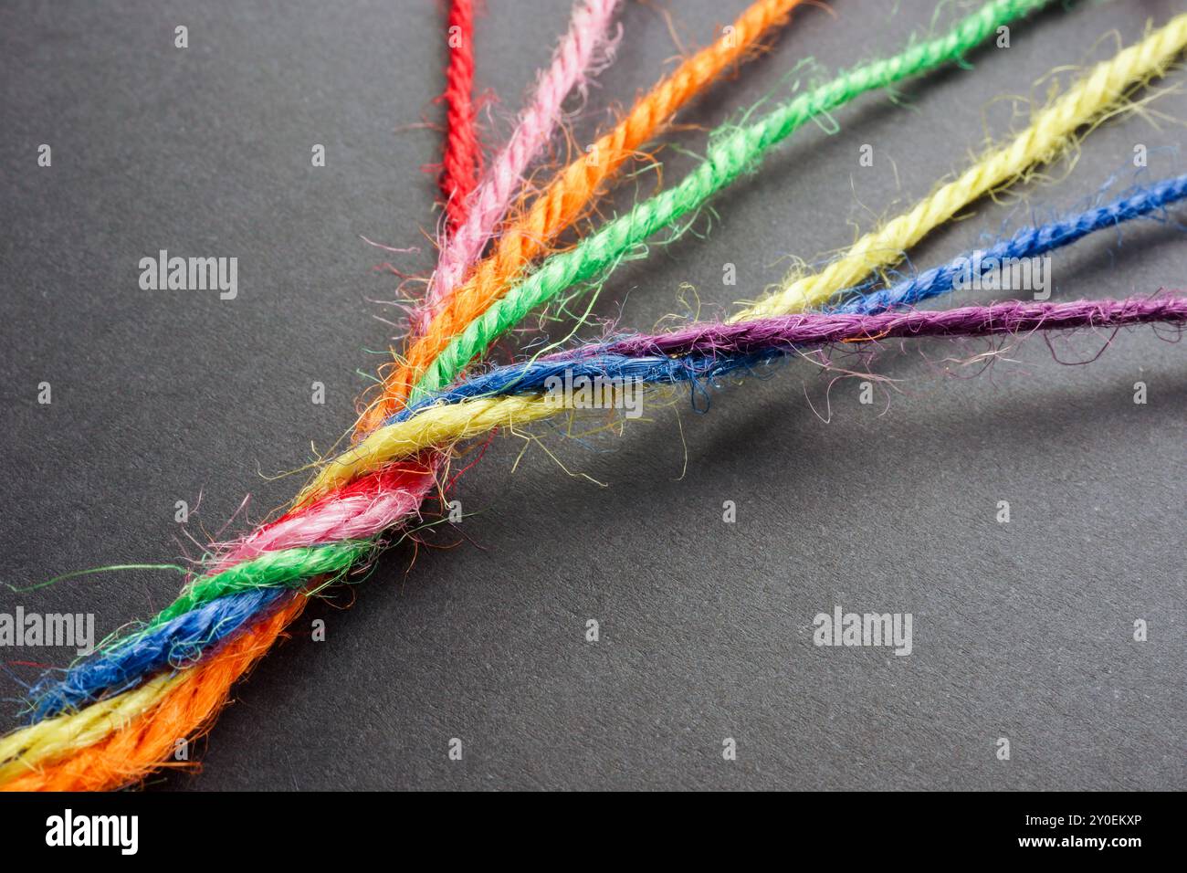Colorful threads twisted into a single rope. Diversity and inclusion ...