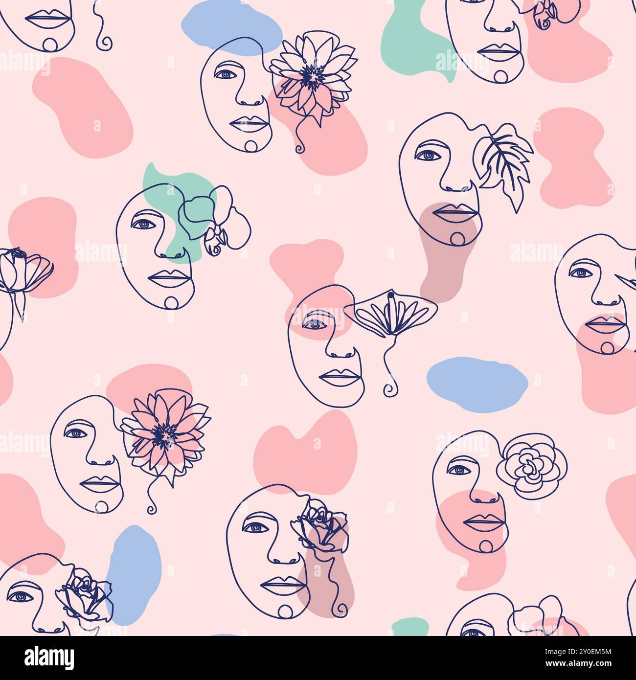 Female portrait Outline woman face, abstract flowers leaves, line ...