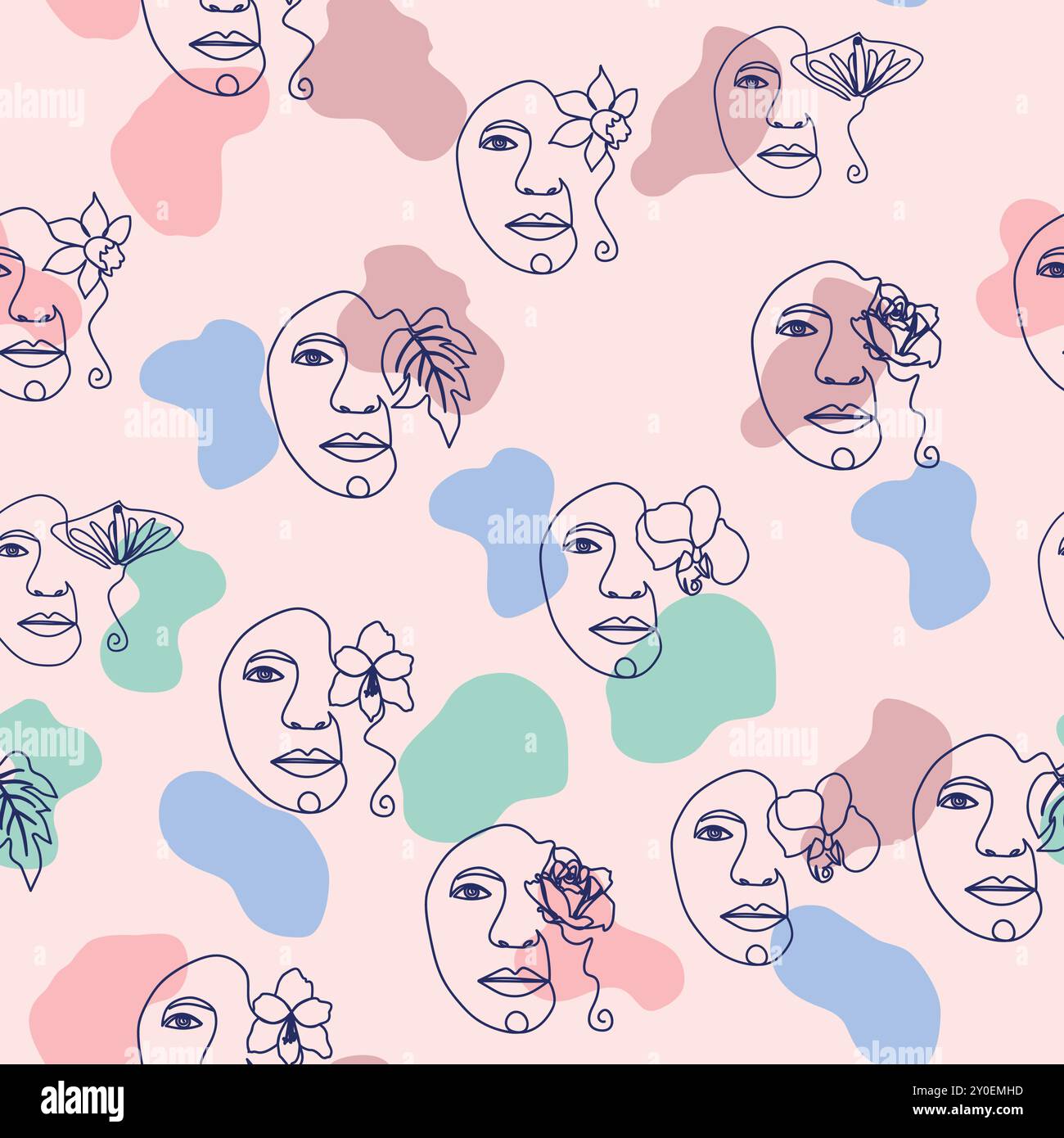 Female portrait Outline woman face, abstract flowers leaves, line ...