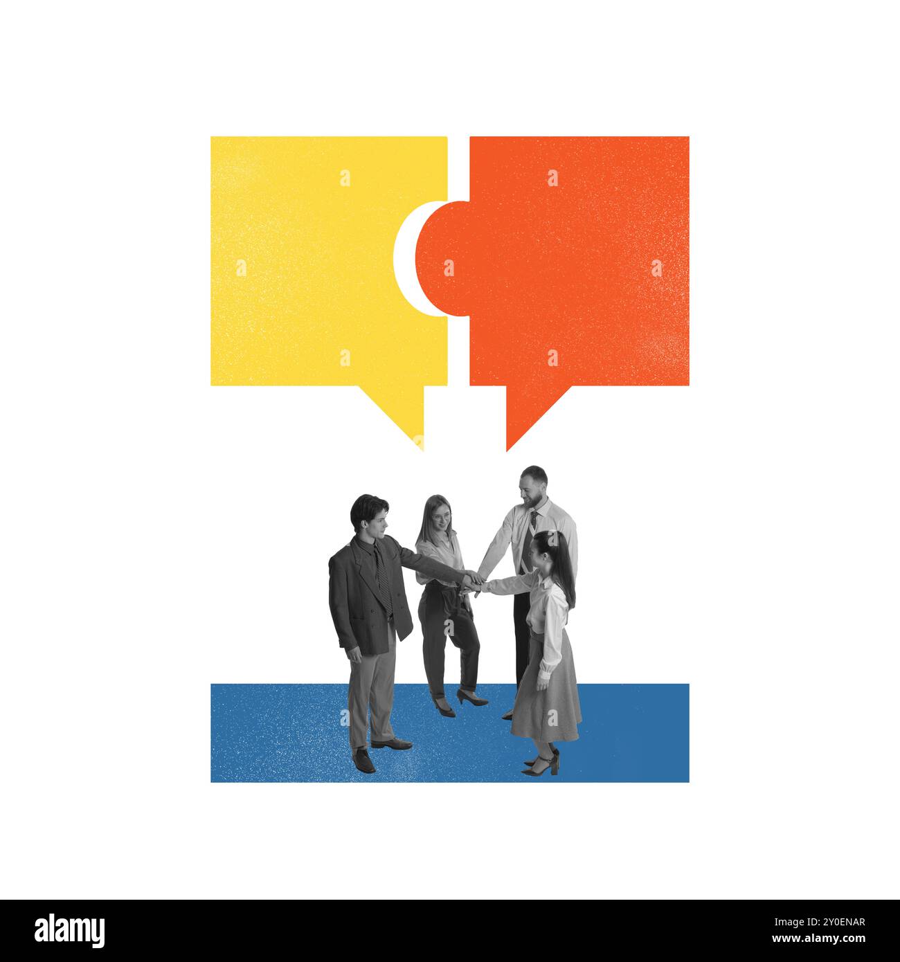 Poster. Contemporary art collage. Professionals with puzzle piece ...