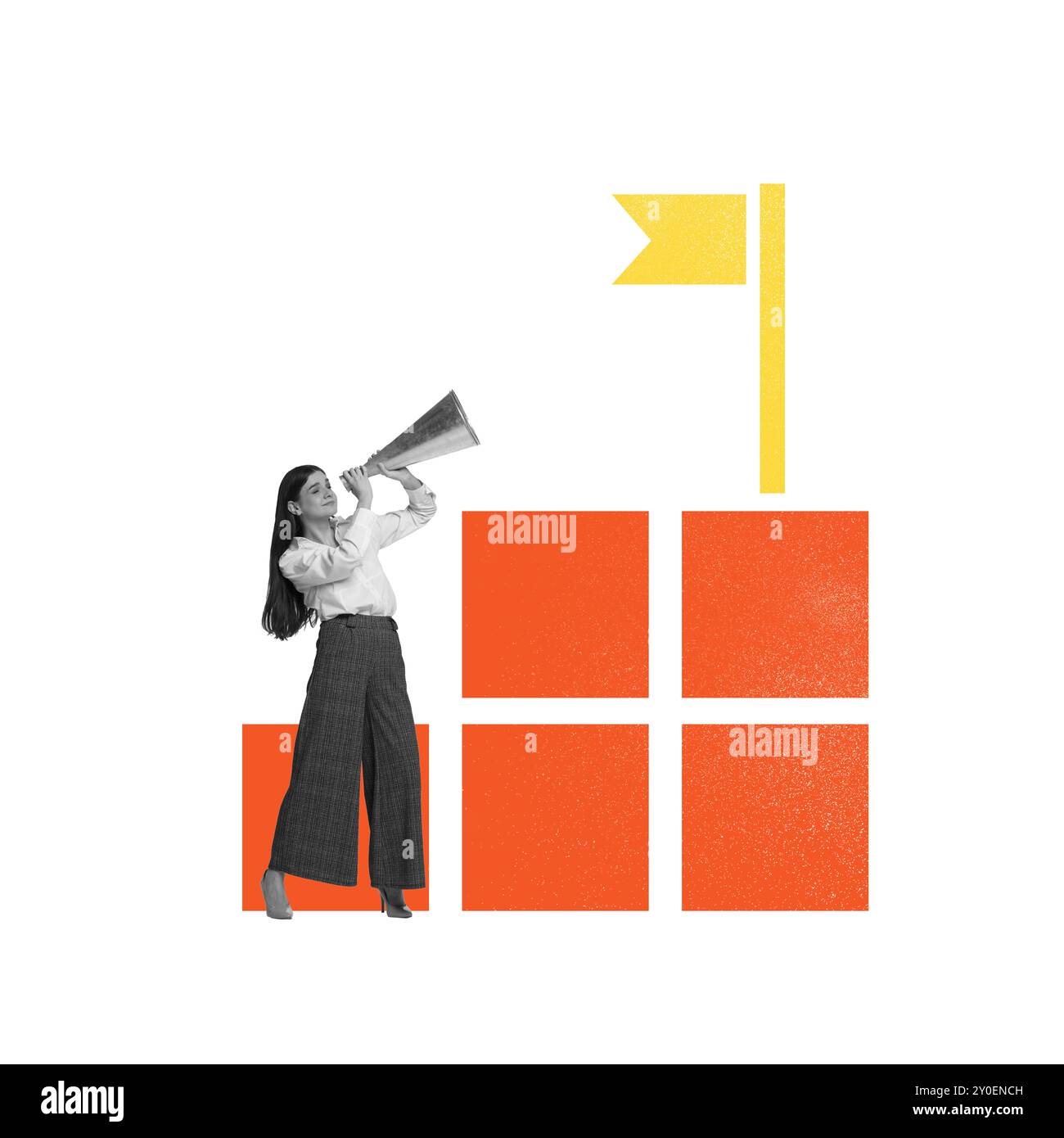 Poster. Contemporary art collage. Woman with megaphone and flag ...