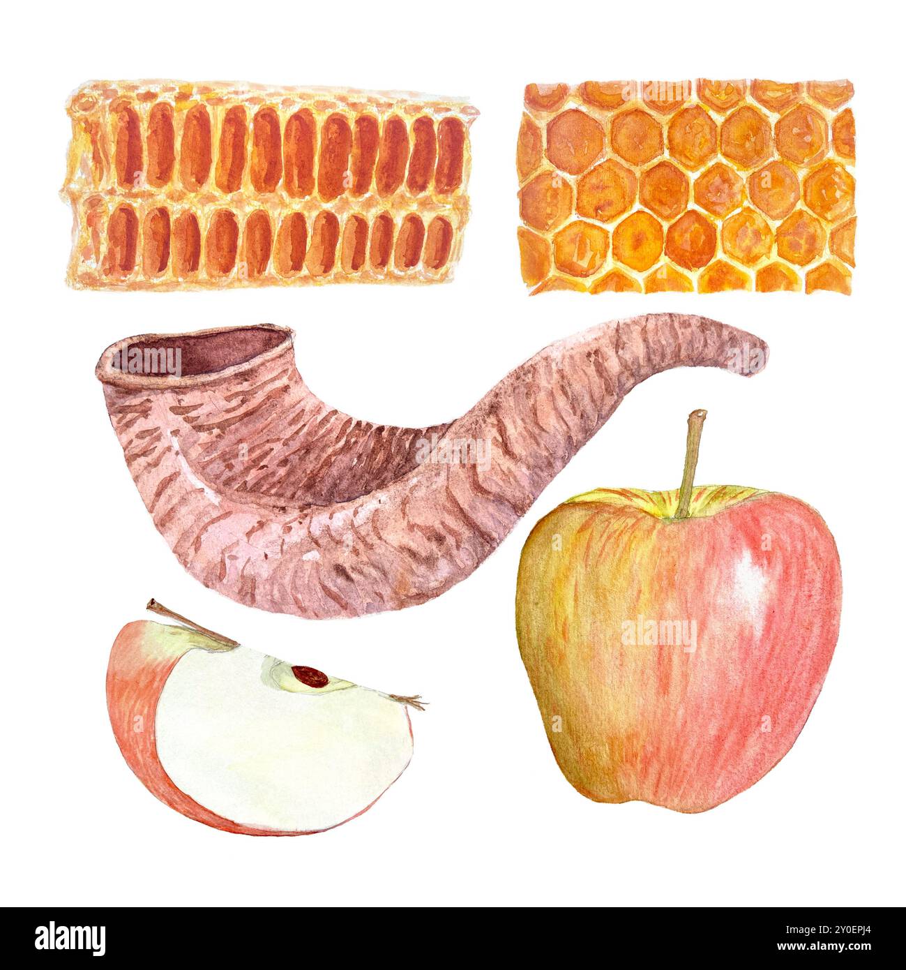 Shofar, apple, honeycomb hand painted realistic watercolor set isolated ...