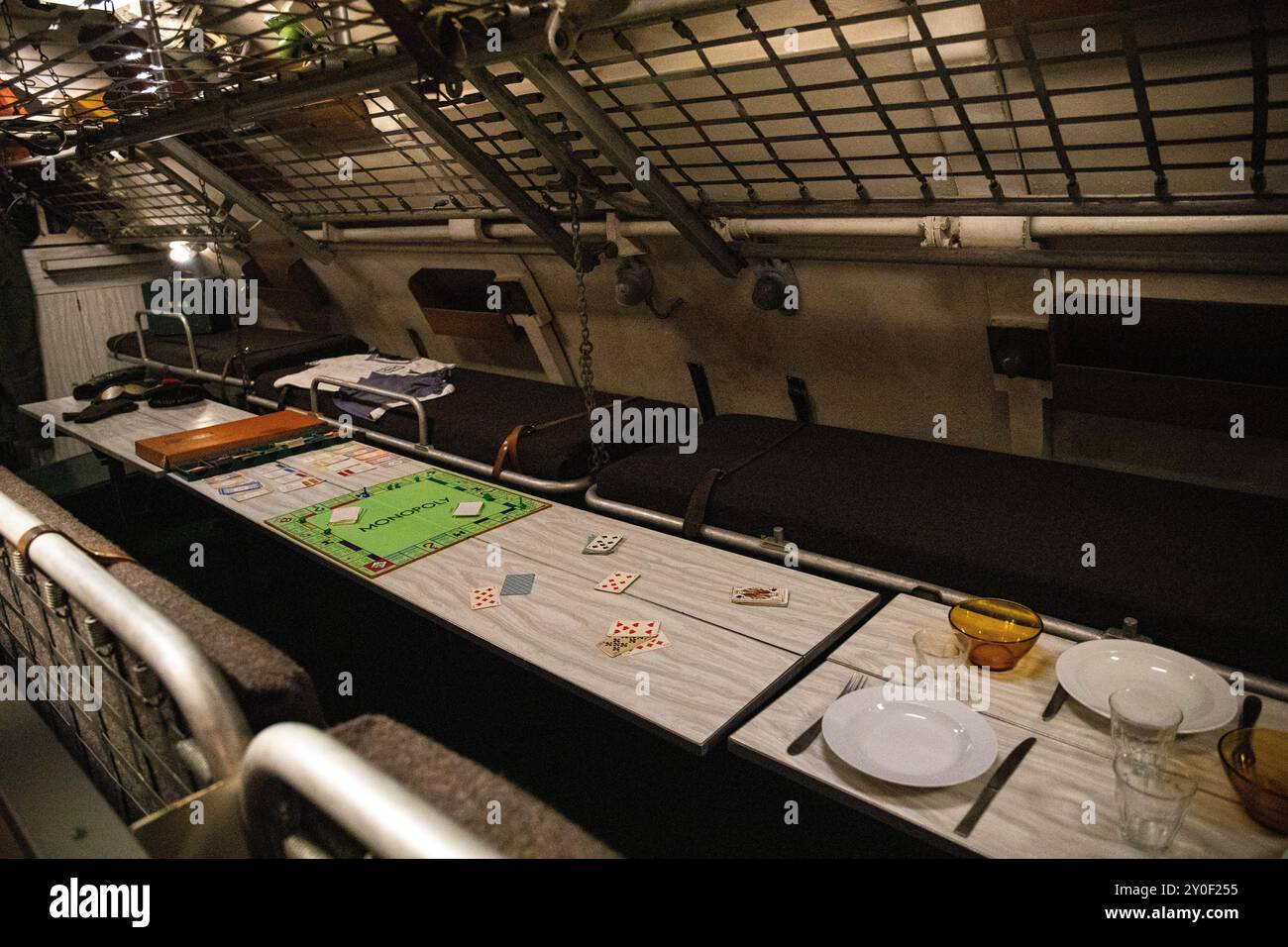 The crew dining room of the Espadon submarine, a 1960s warship docked ...