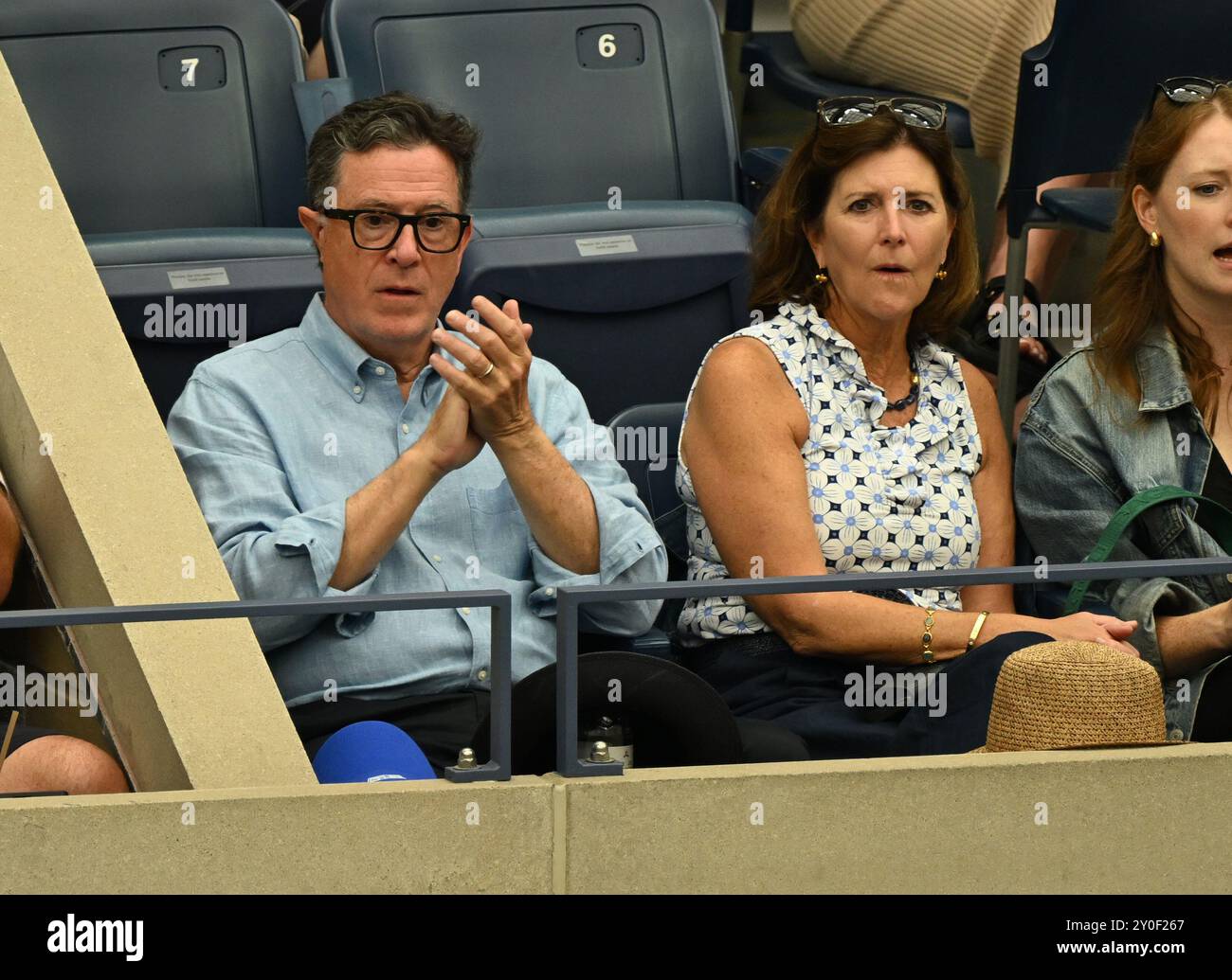 Flushing NY, USA. 01st Sep, 2024. **NO NY NEWSPAPERS** Stephen Colbert is seen watching Andrey ...