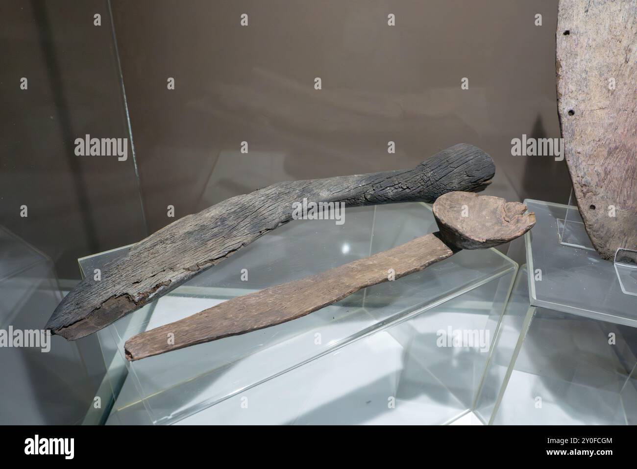 Pre-Hispanic Amerindian carved wooden implements in the Pio Pablo Diaz ...