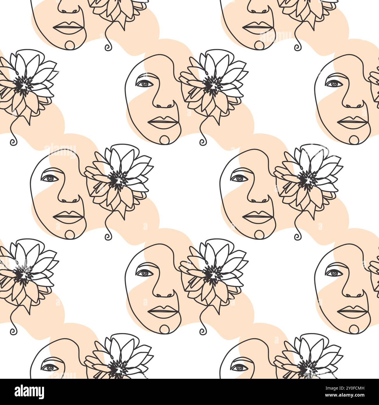 Outline woman face, abstract flowers leaves, line continuous drawing ...