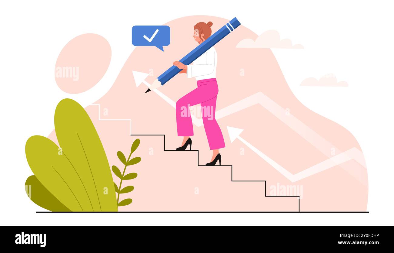 Business career growth, professional success. Tiny woman drawing sketch ...