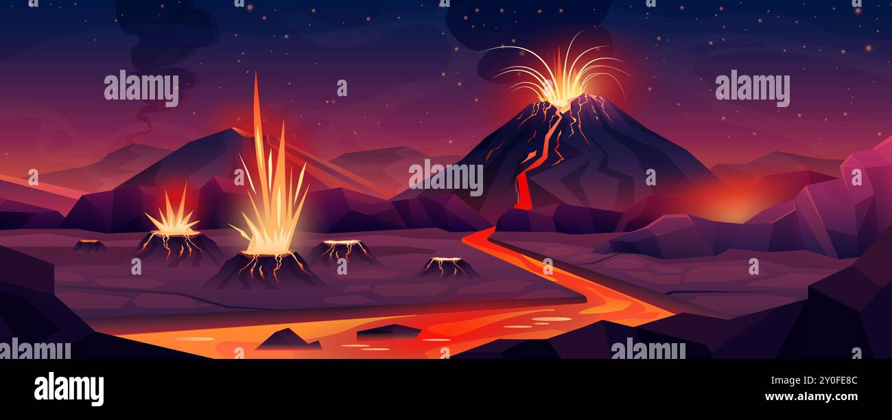 Volcano eruption on alien planet. Crazy red and golden streams of hot ...