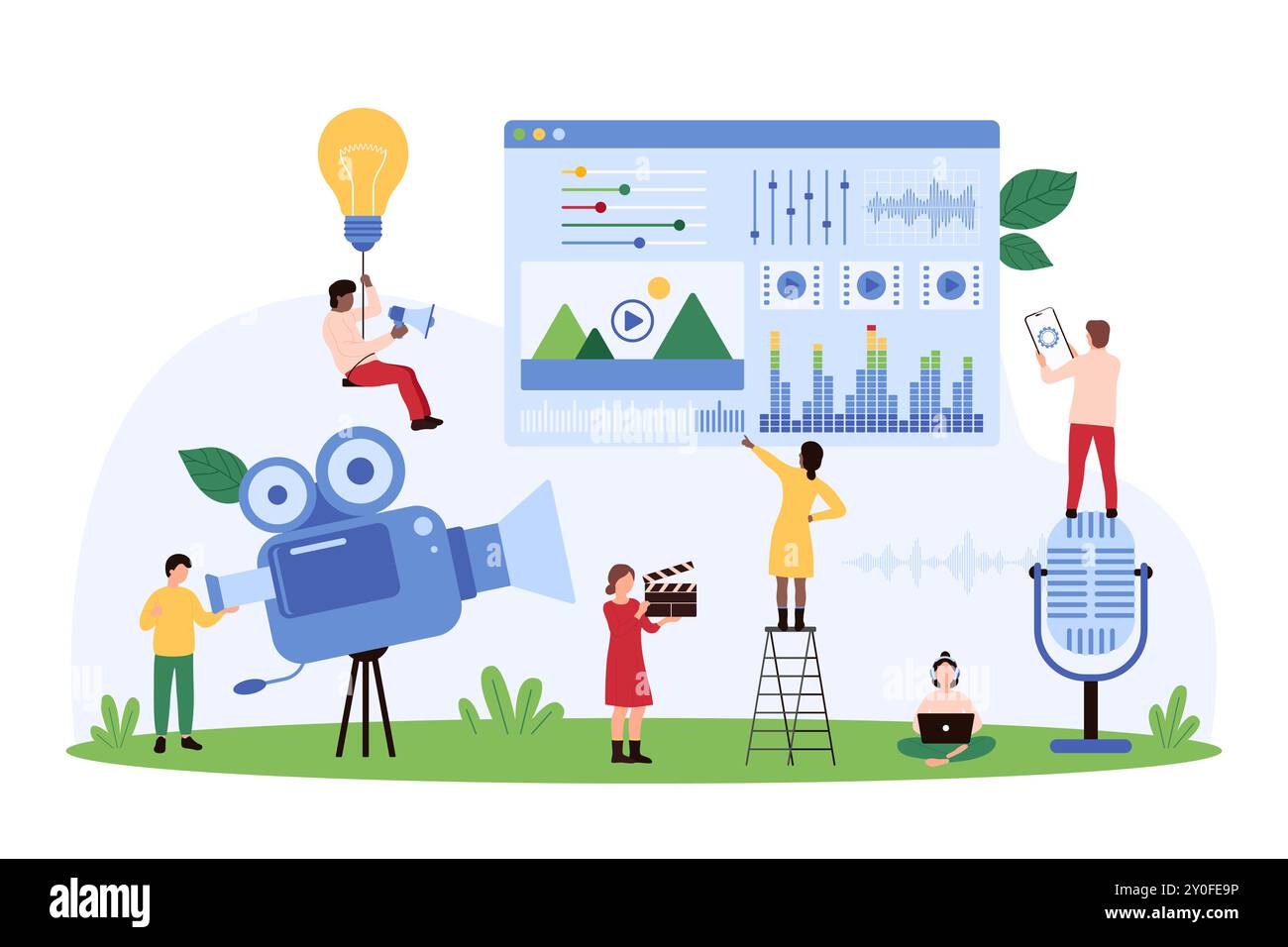 Video editing, film montage using software, mobile app. Tiny people ...