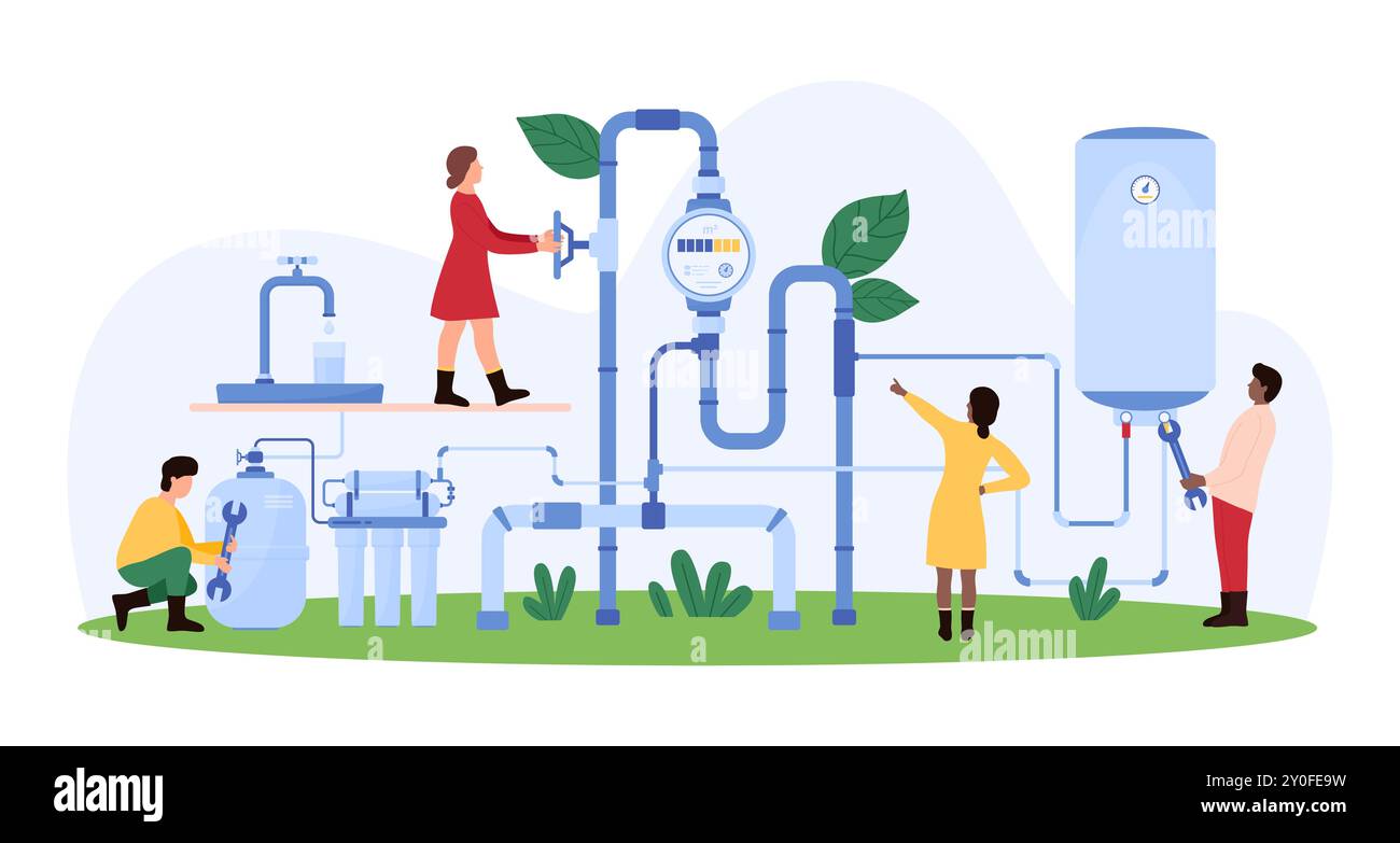 Installation of domestic water supply system. Tiny people install and ...