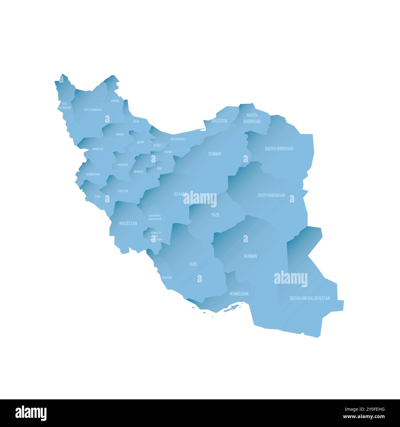 Iran political map of administrative divisions - provinces. Shaded vector map with 3D-like blue ...