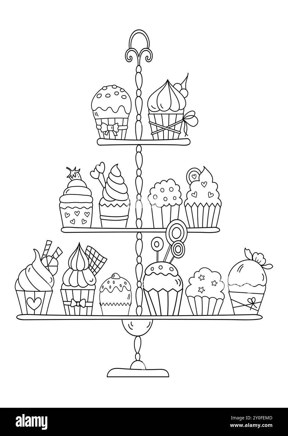 Coloring Page For Adults And Children Features A Stand With Cupcakes ...