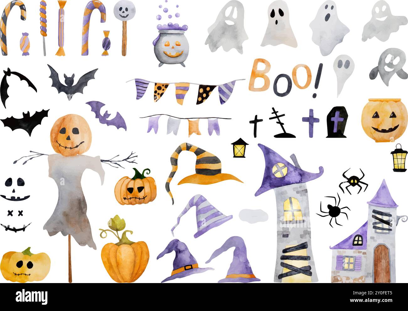 Hand-Drawn Watercolor Vector Illustration Features Individual Halloween ...