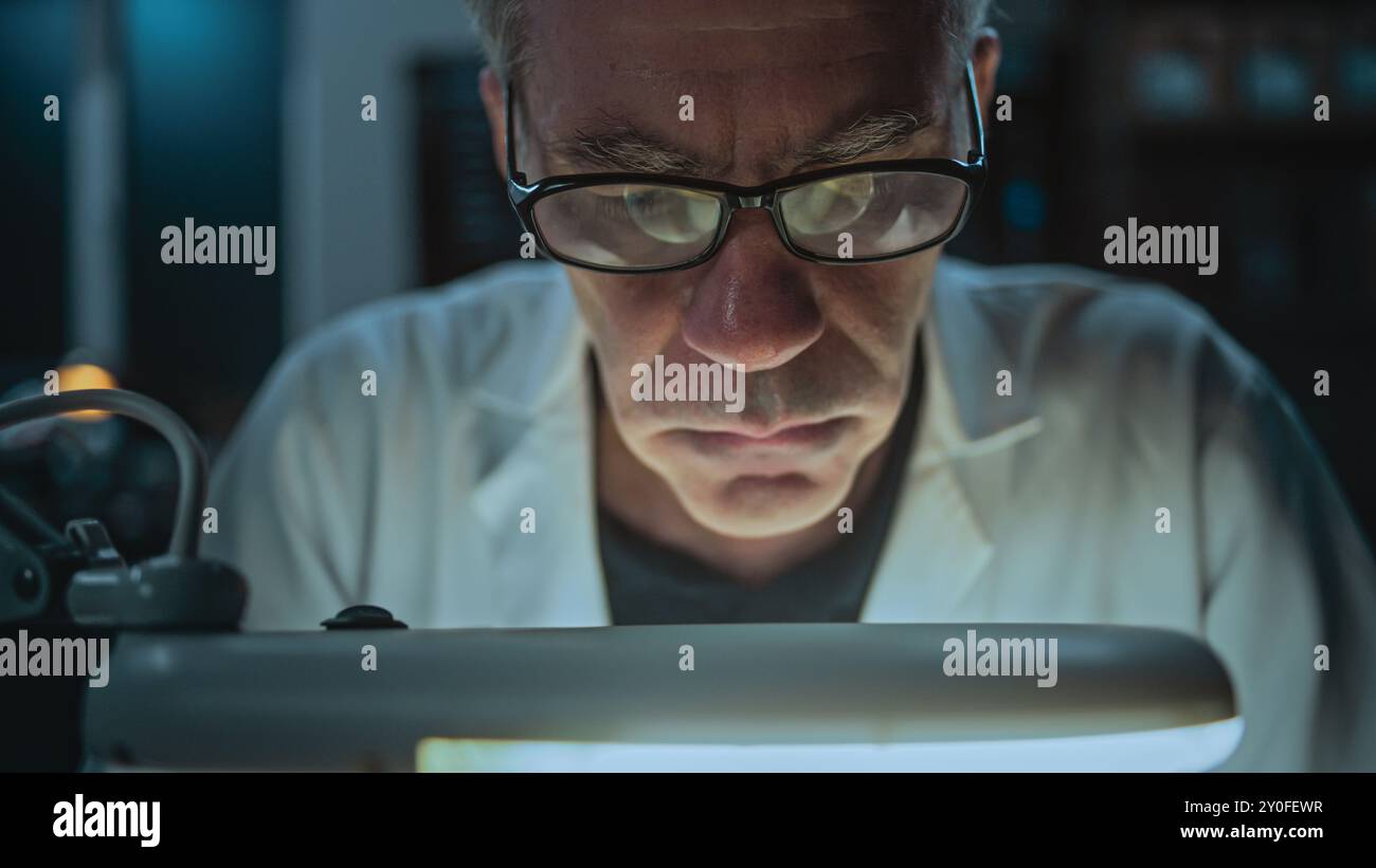 Scientist works in archaeological lab at night. Senior archaeologist ...