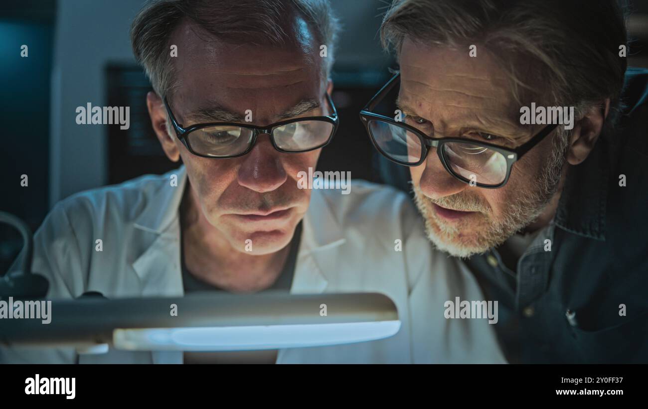 Senior scientist measures fossil bones with measuring tool, examines ...