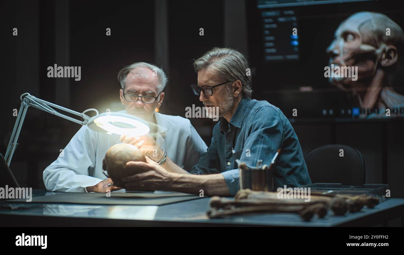 Two archaeologists take measurements of ancient human skull, study ...