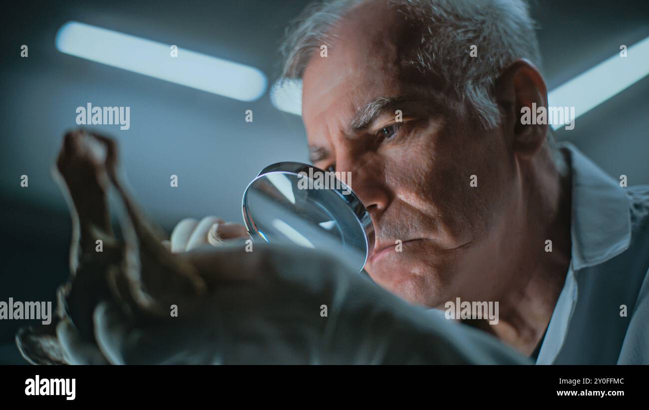 Senior archaeologist studies bones of prehistoric human or animal using ...