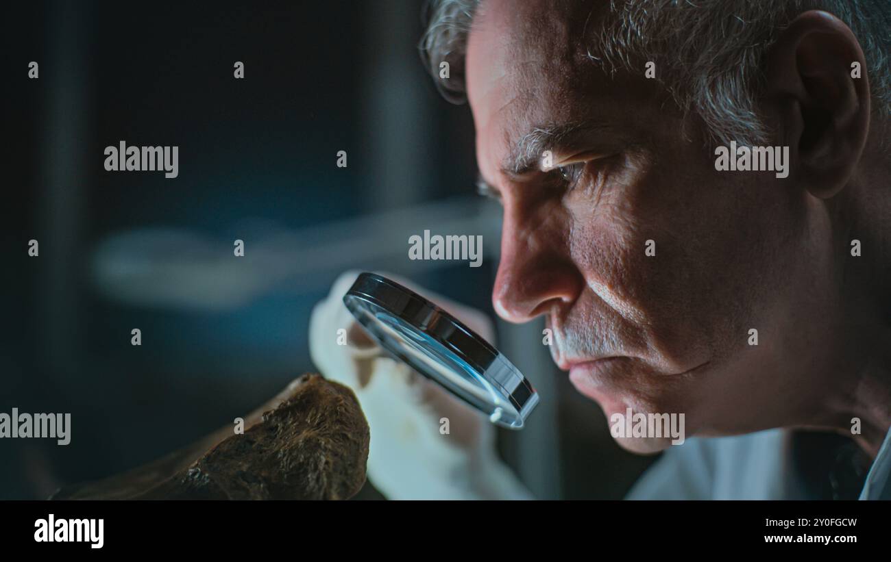 Senior archaeologist studies remains of prehistoric extinct animal or ...