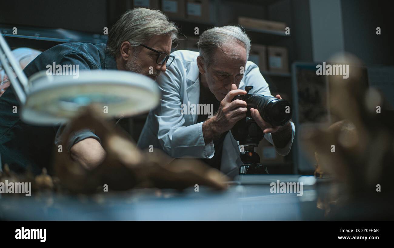 Modern archaeological lab: Two archaeologists or scientists photograph ...