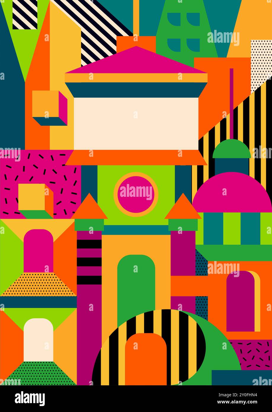 A vibrant poster in the Memphis style of the 90s, featuring multi ...