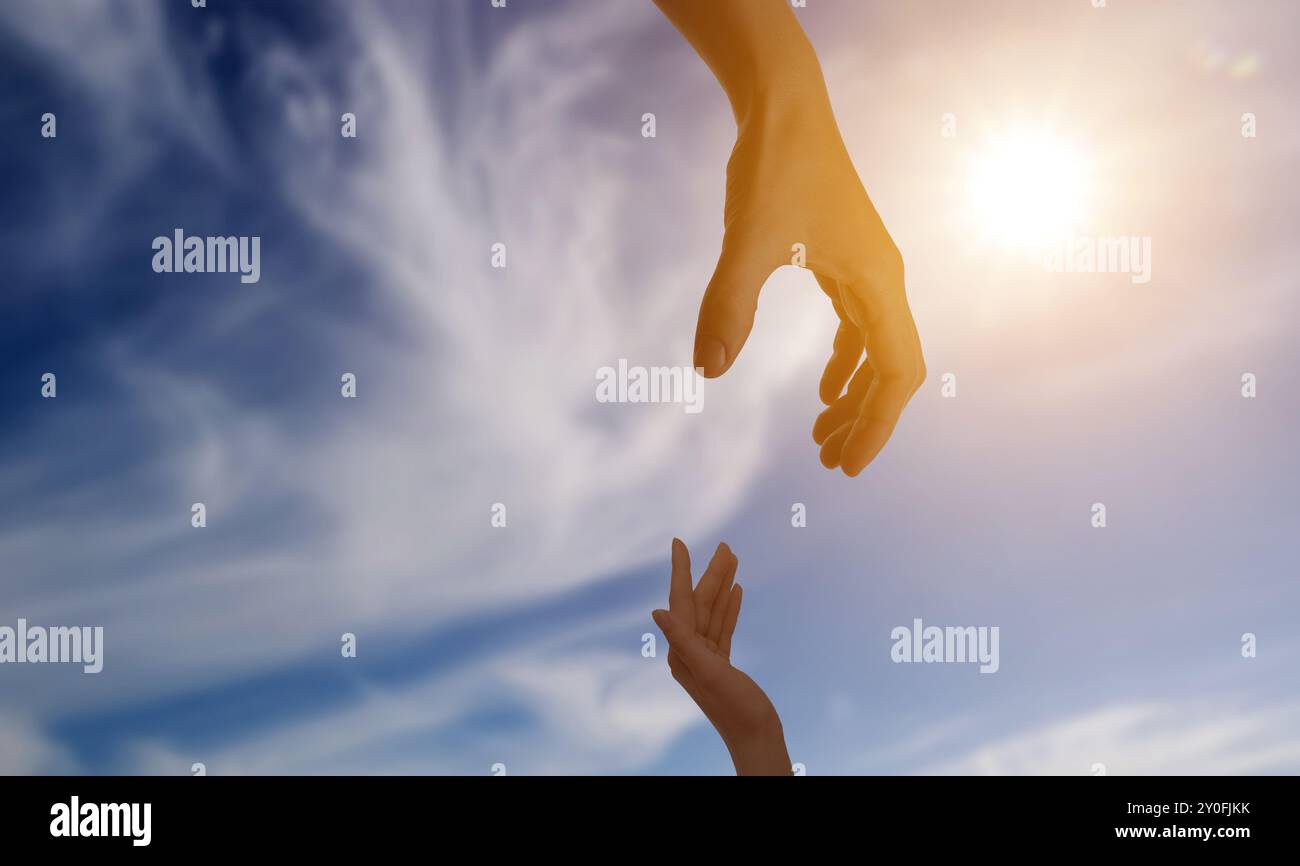 God's help and support. Human reaching for hand from heaven Stock Photo ...