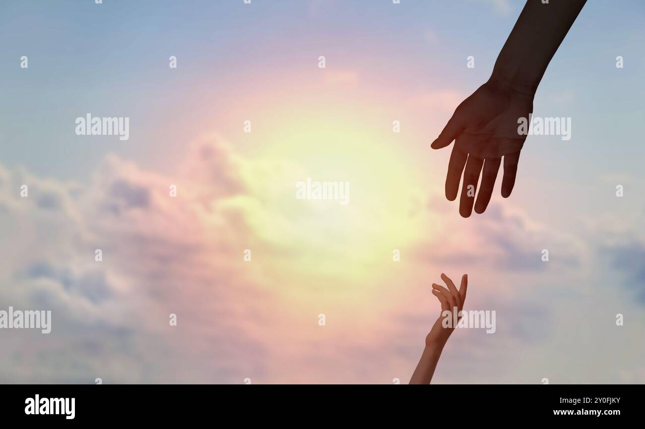 God's help and support. Human reaching for hand from heaven Stock Photo ...