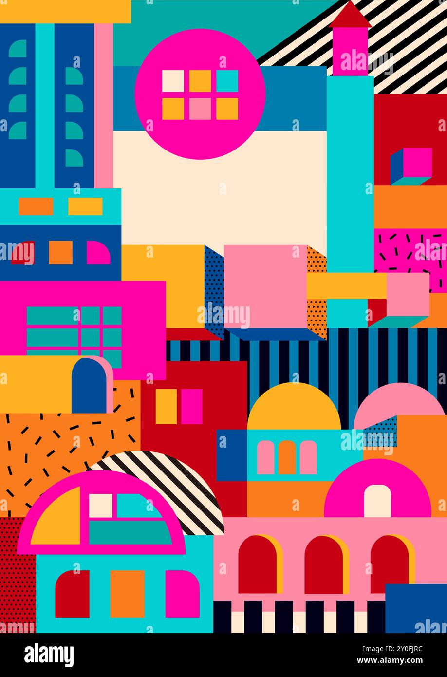 A vibrant poster in the Memphis style of the 90s, featuring multi ...