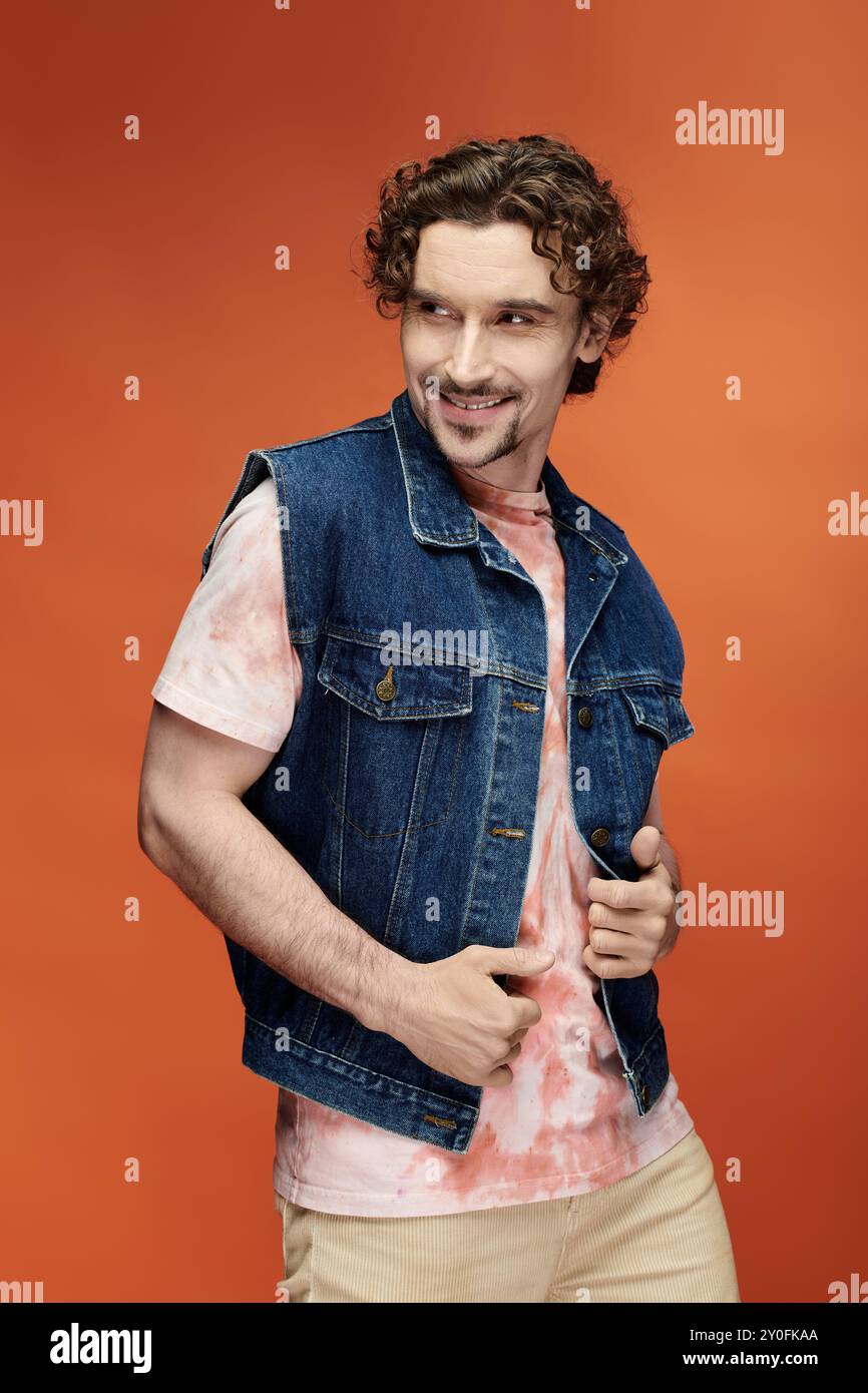 A handsome man displays joy and charisma amidst bright colors Stock ...