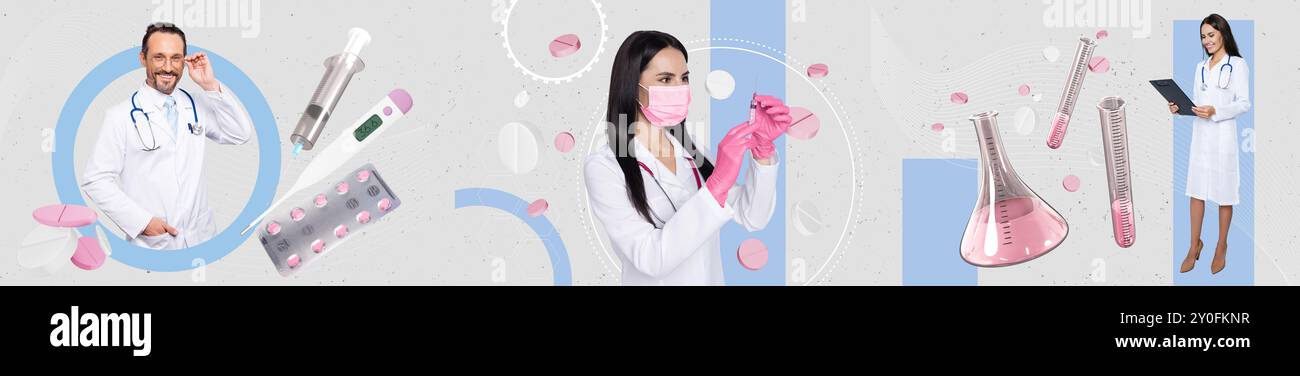 Creative trend collage panorama of working doctors laboratory flask ...