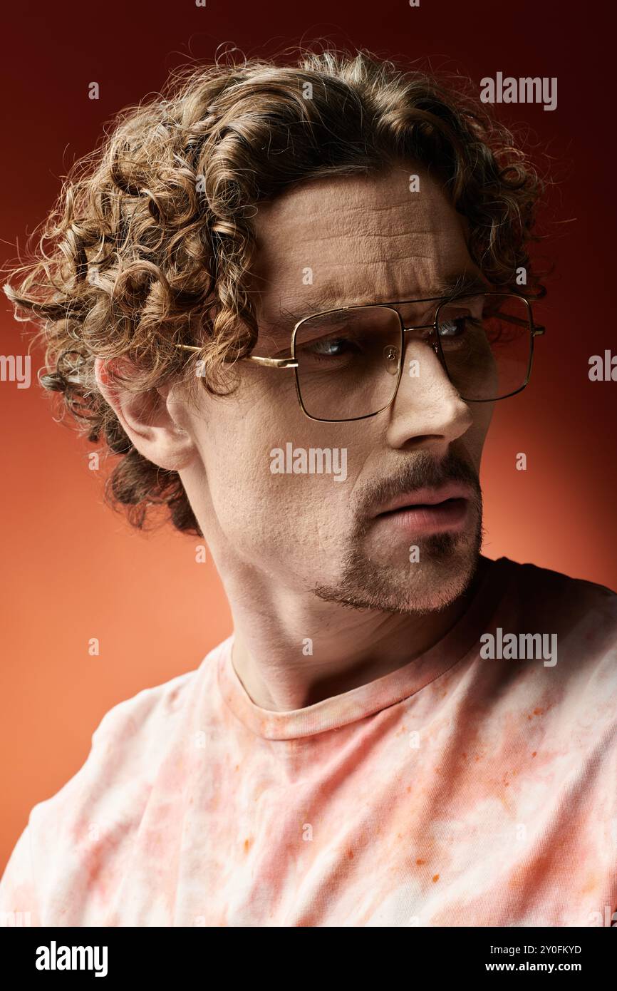 A handsome man displays deep emotion in front of vivid colors Stock ...