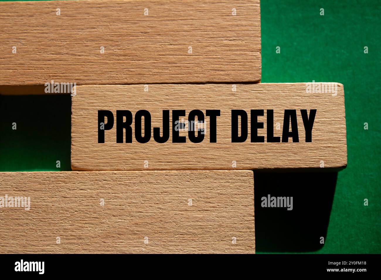 Project delay message written on wooden block with green background ...