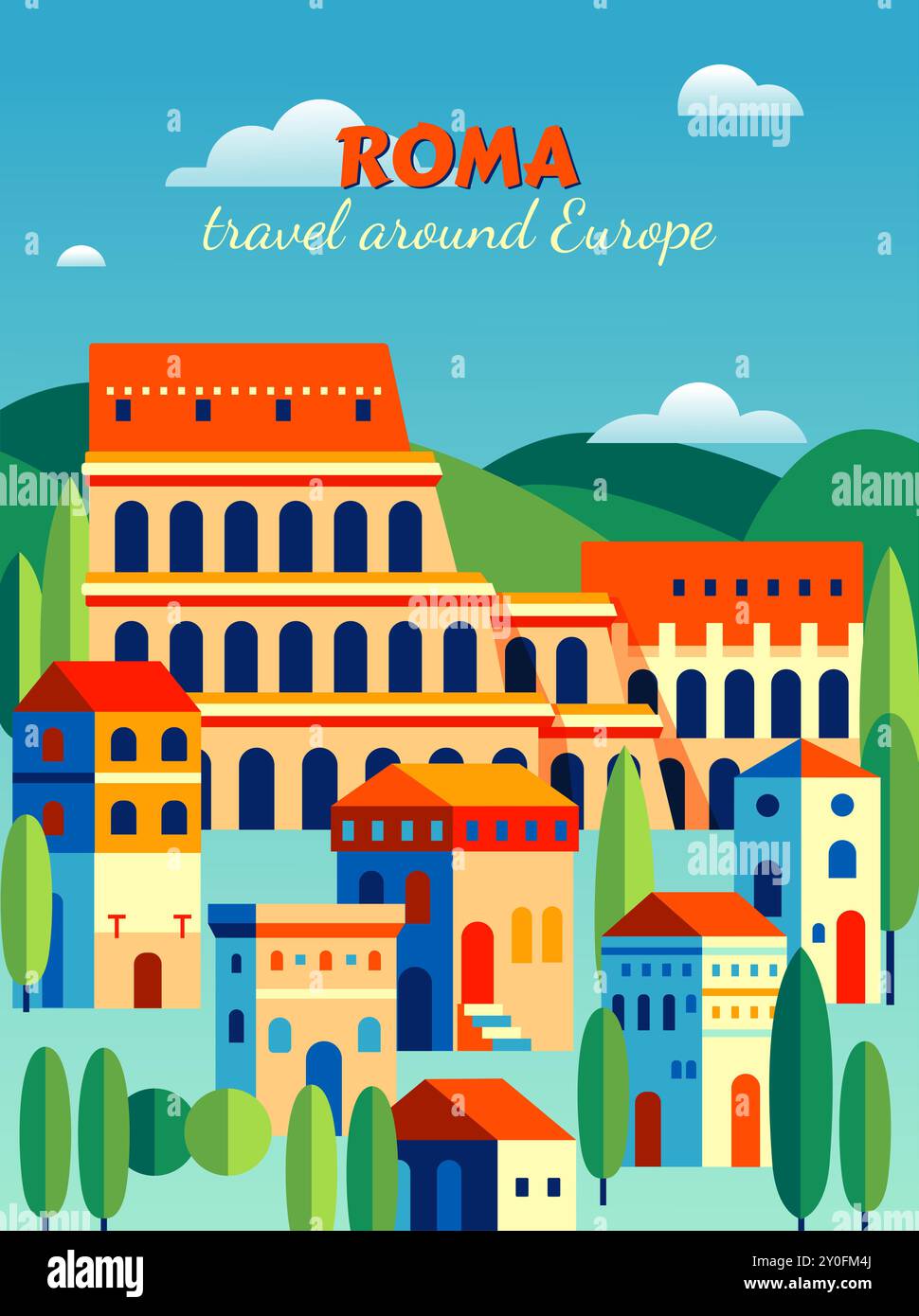 Colorful European Roman Colosseum and cityscape vector illustration ...