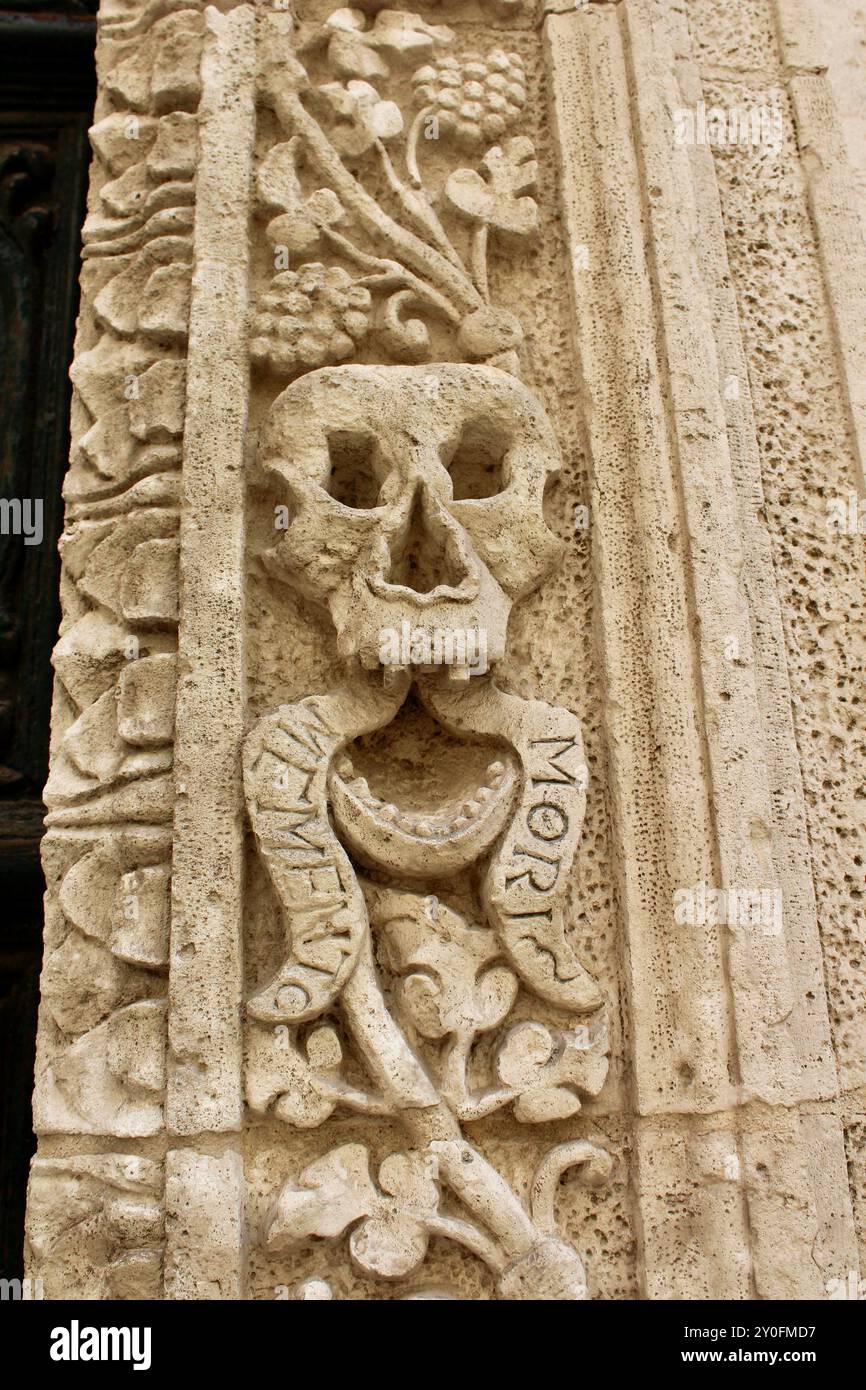 skull and cross bones carvings in stone; Baroque Monopoli Cathedral ...