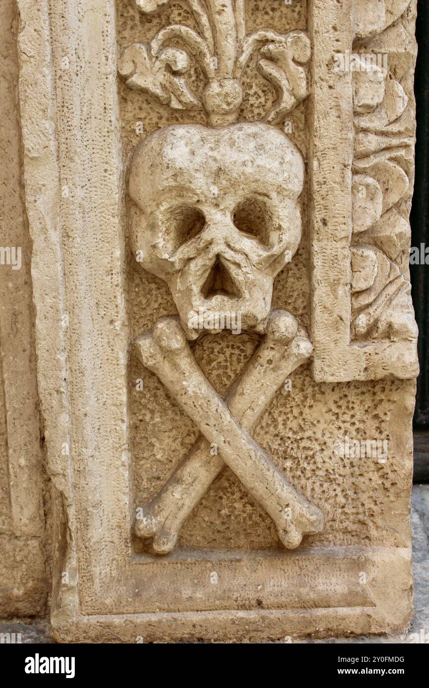 skull and cross bones carvings in stone; Baroque Monopoli Cathedral ...