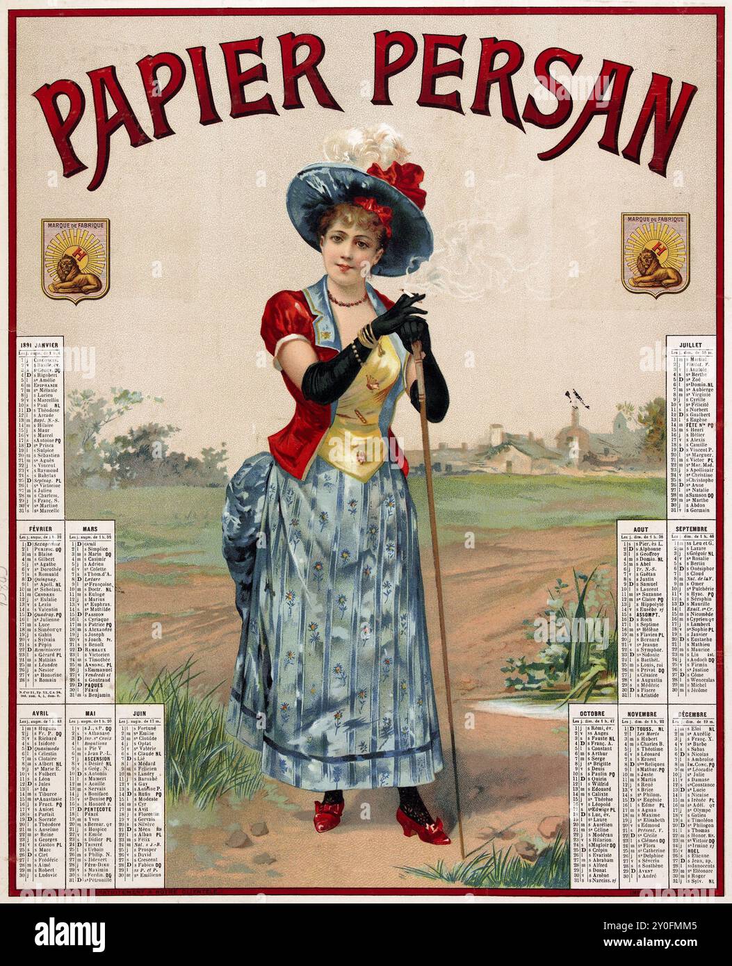Old advertisement - French calendar - Papier Persan cigarette paper ...