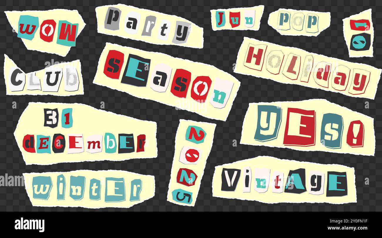 Set of cut newspapers magazines and paper vintage colorful words. New ...