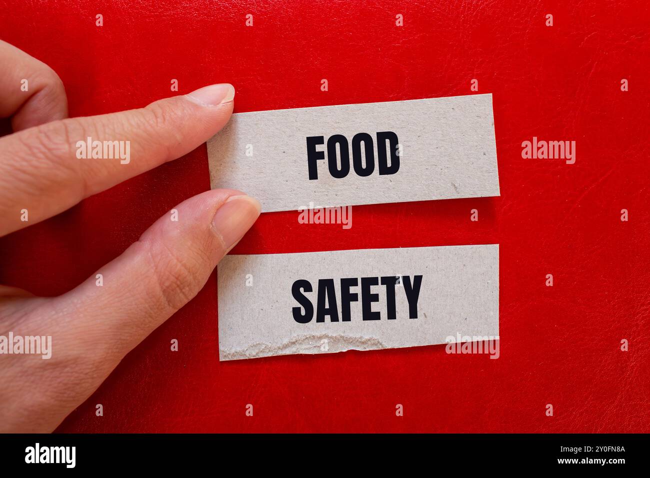 Food safety message written on paper pieces with red background ...