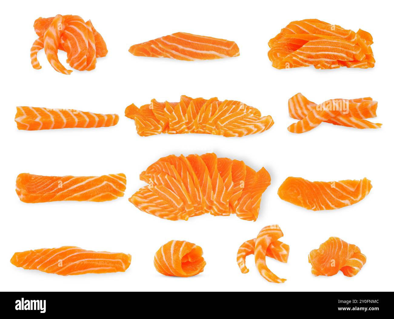 collection of Sliced salmon isolated on white background. salmon ...