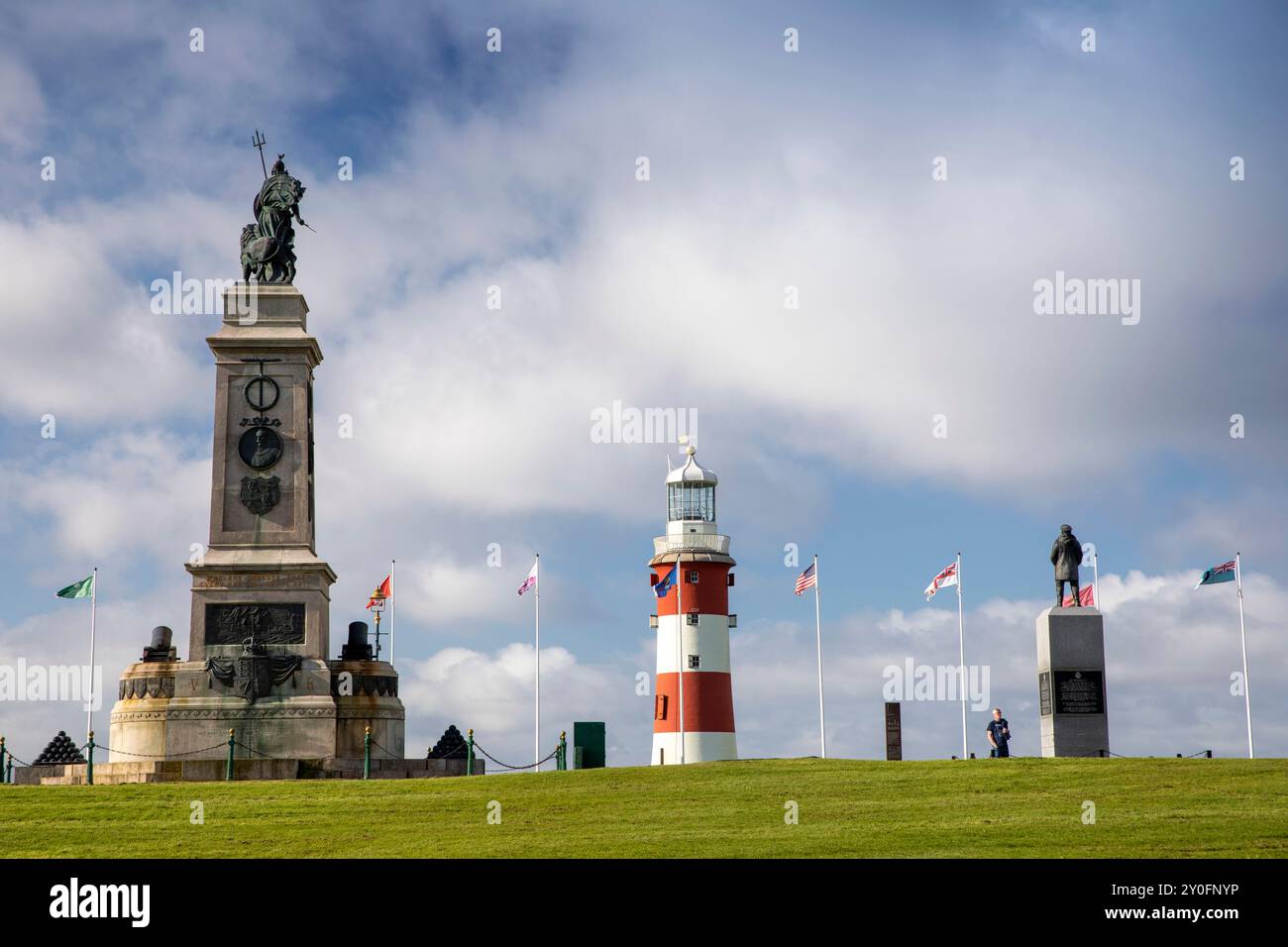 UK, England, Devon, Plymouth, Hoe, Smeatons Tower with Merchant Navy ...