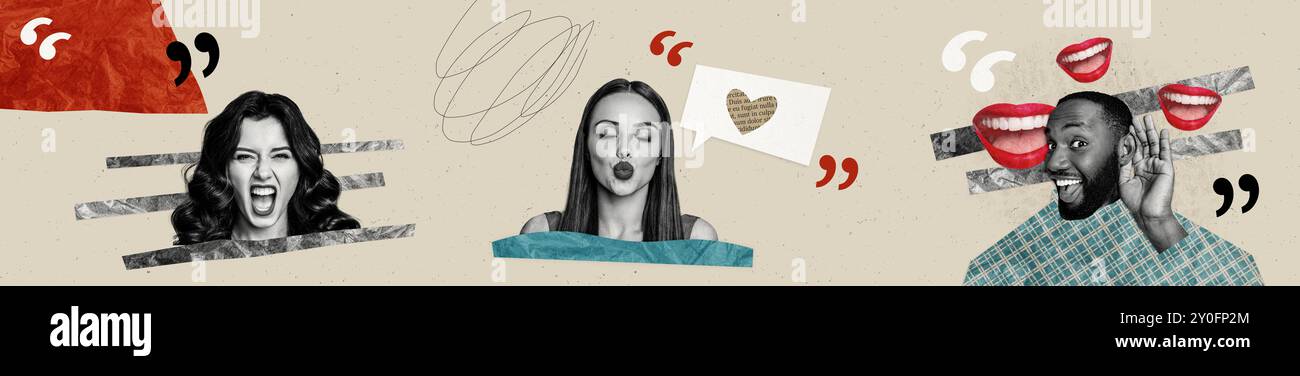 Creative abstract template collage panorama of excited people ...